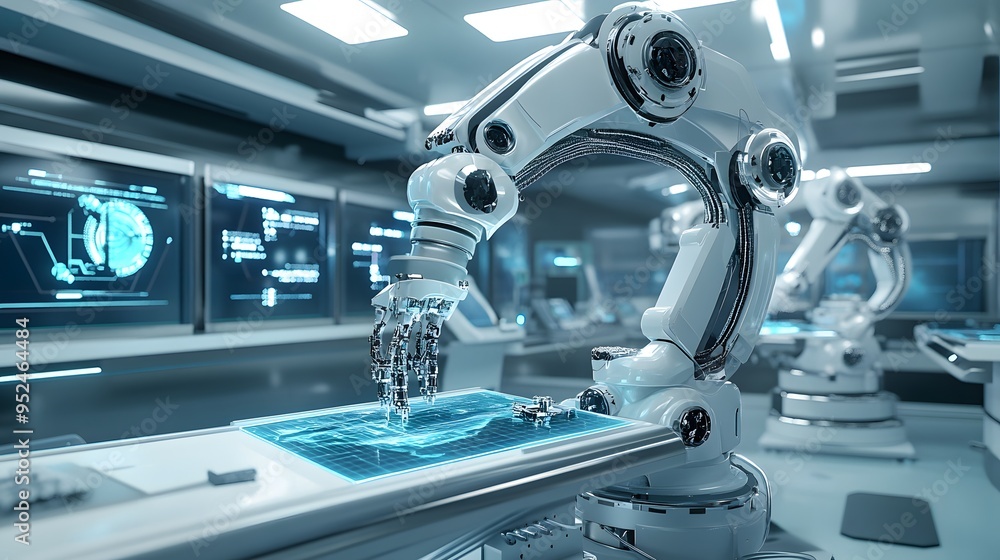 High-tech futuristic lab with holographic displays and robotic parts being assembled Clean lines ...