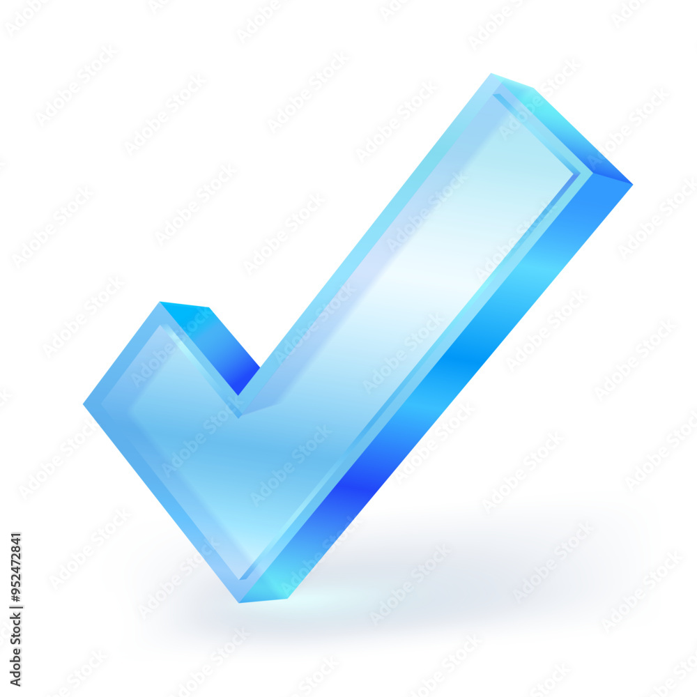 Blue glass check mark icon. 3D vector illustration isolated on white ...