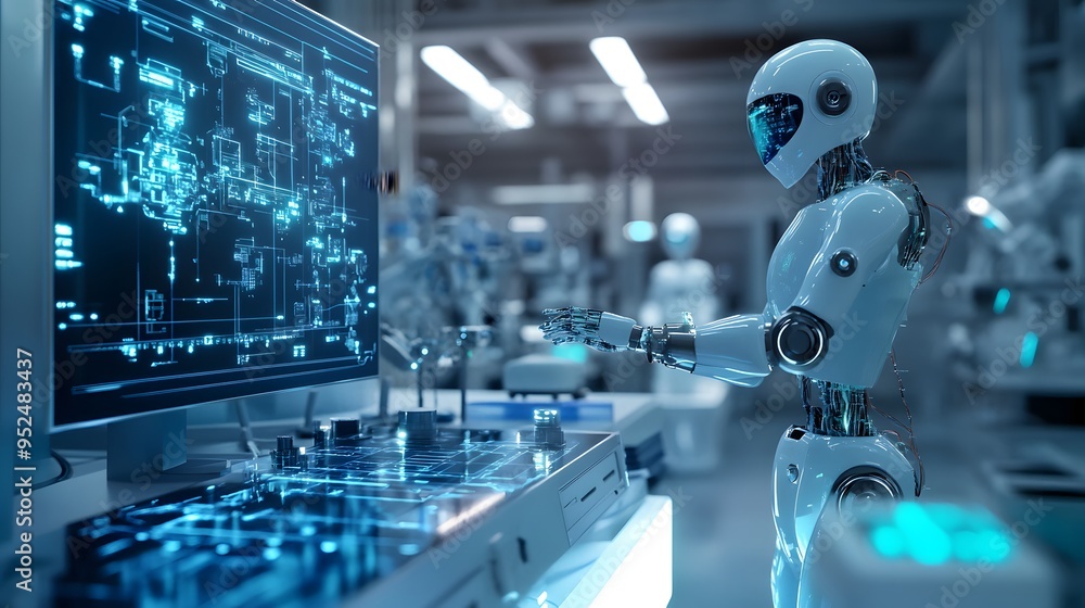 High-tech robot design lab with holographic projections and intricate ...