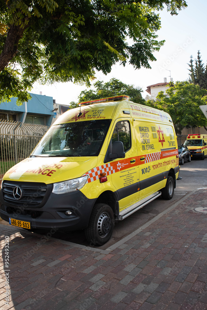 Rishon Lezion, Israel – 31.08.2024. Magen David Adom ambulance on the ...