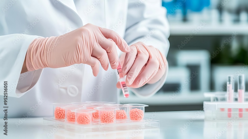 Scientist performing a cell viability assay on cultured cells, cell ...