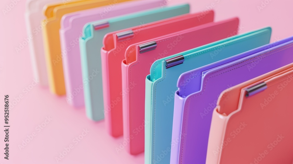 3D render of colorful document filers on a pink background, in a simple ...
