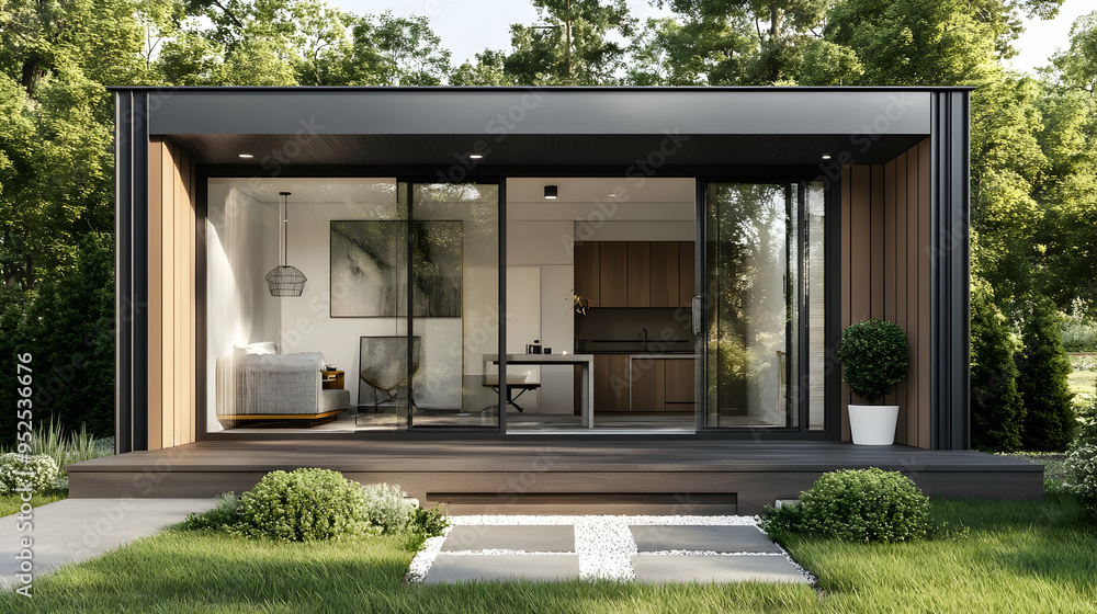 A modern tiny house with a flat roof and industrial design elements ...