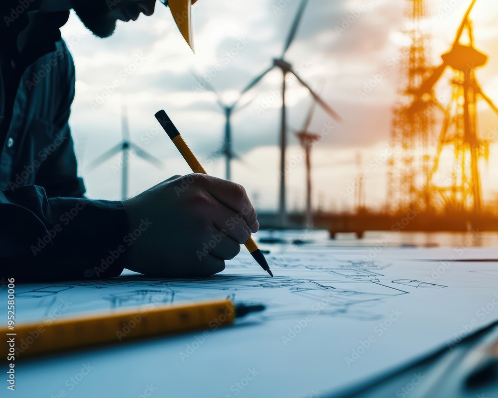 Engineer designing a renewable energy project with wind turbines and ...