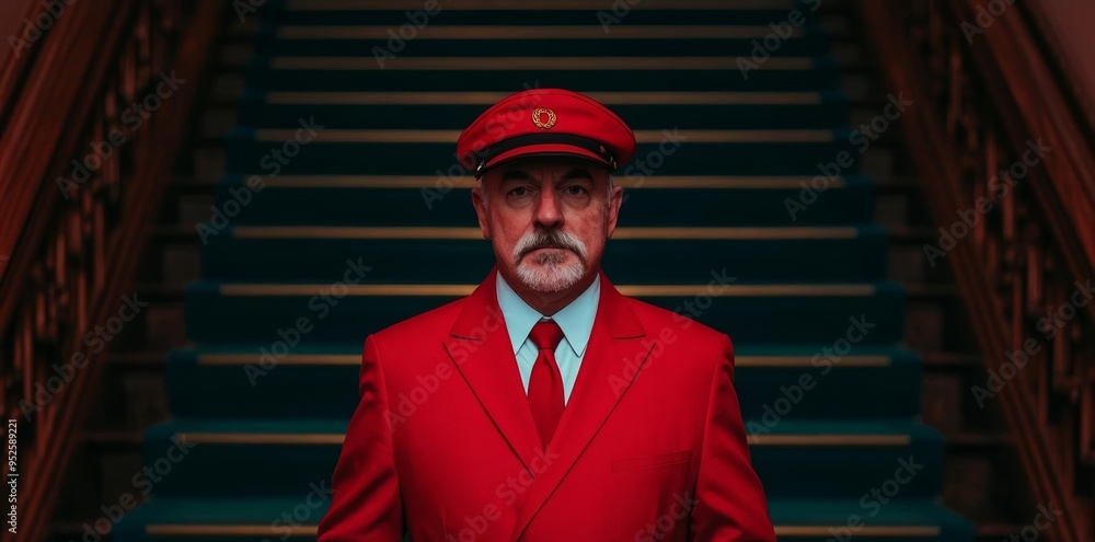 Bellhop in a vintage hotel, carrying suitcases up a grand staircase ...