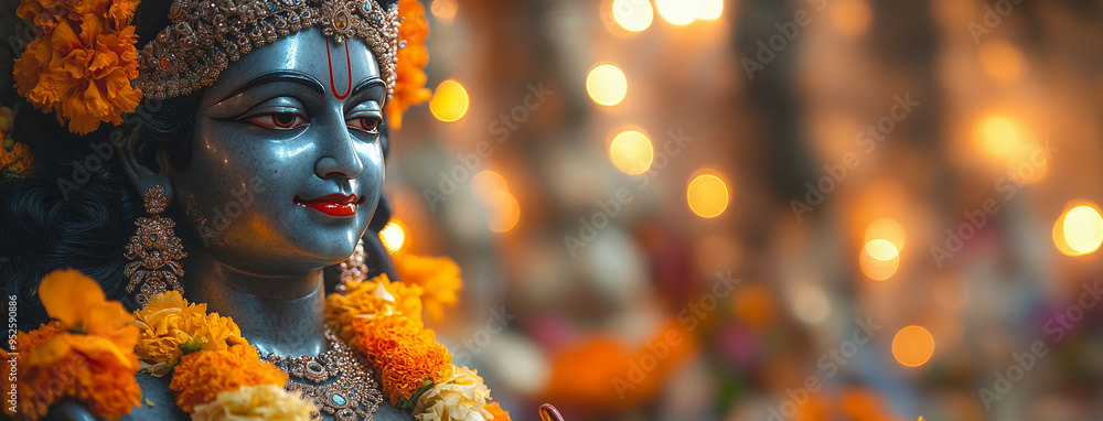 Statue of Lord Krishna adorned with flowers and jewelry, with bokeh ...