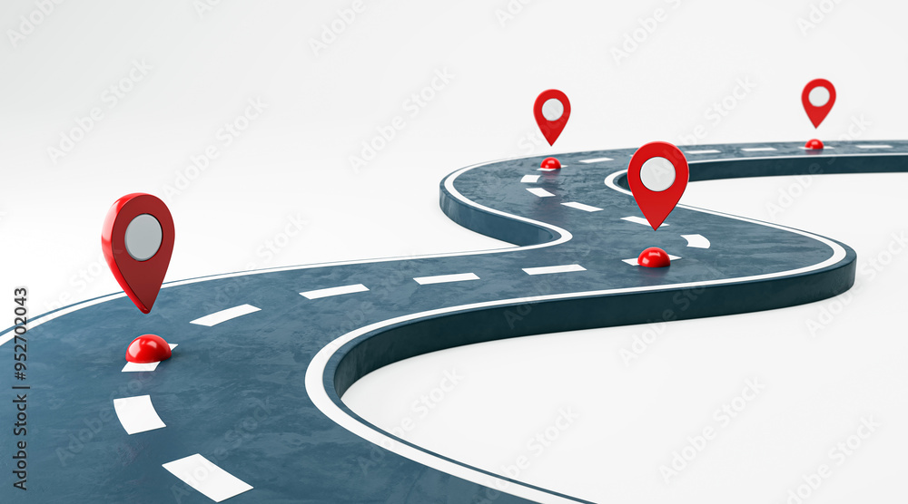 Abstract road with red location pins on a curvy path concept. 3D ...