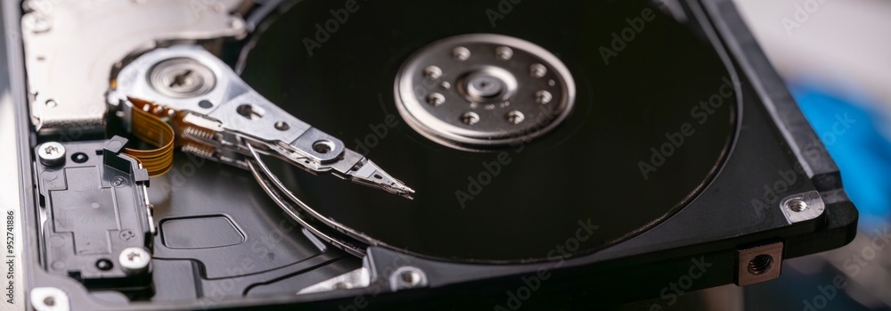 Internal components of an open hard disk drive showing read-write head ...