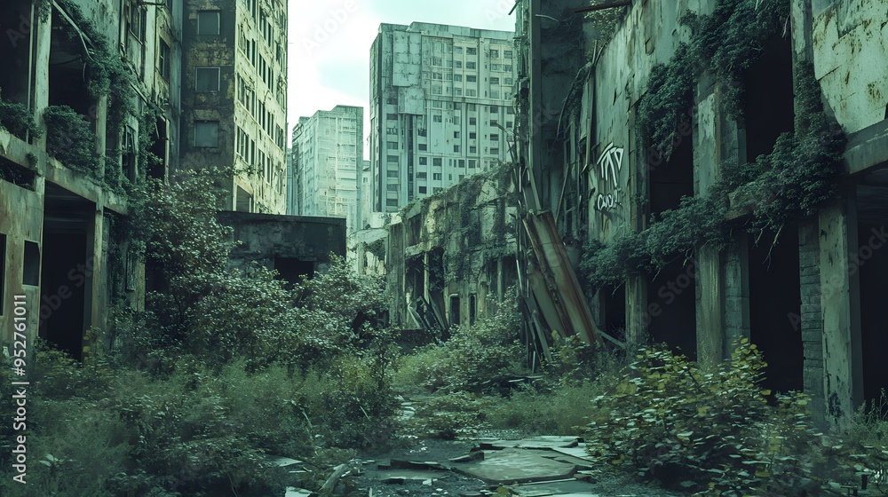 Abandoned post-apocalyptic cityscape with overgrown vegetation ...