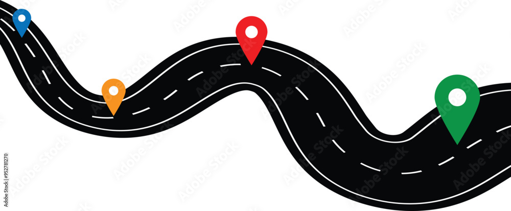 Highway road map with pins. Winding road navigation, city map timeline ...