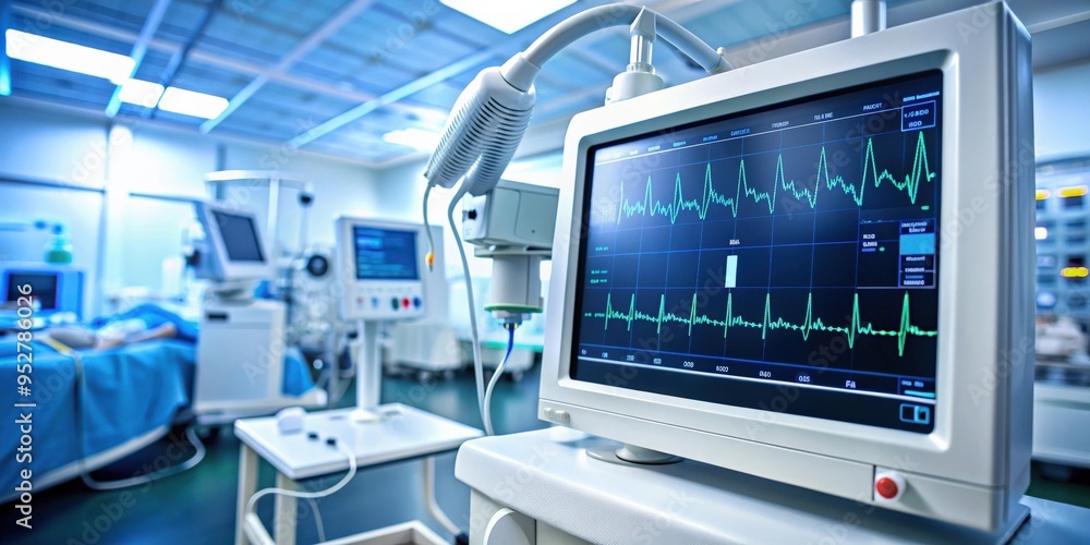 Closeup view of an ecg ekg monitor in an operating room, ecg, ekg ...