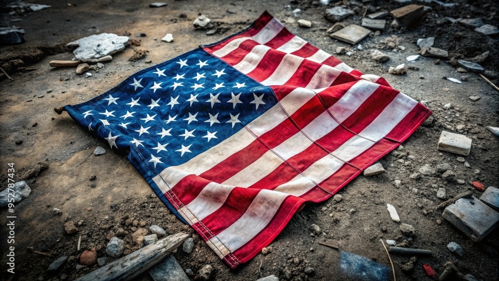 Torn and damaged American flag laying on destroyed ground, American ...