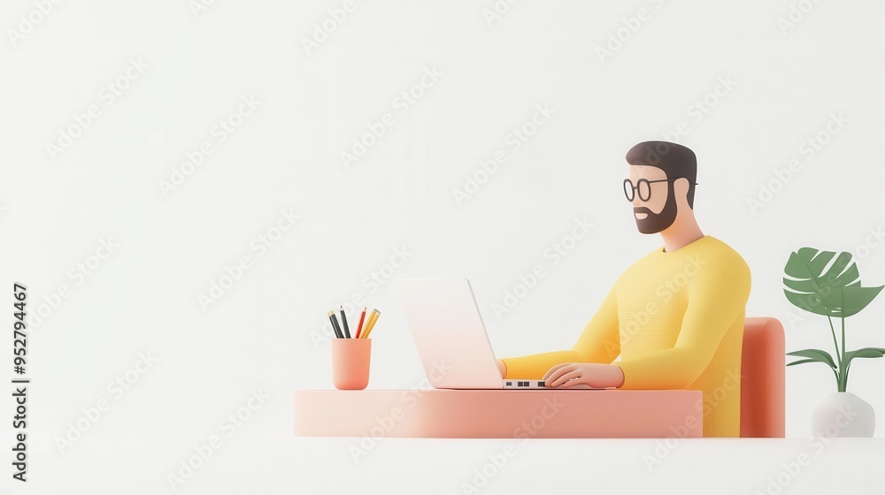 Teleworking flat design, side view, remote coordination theme, 3D render, Split-complementary ...