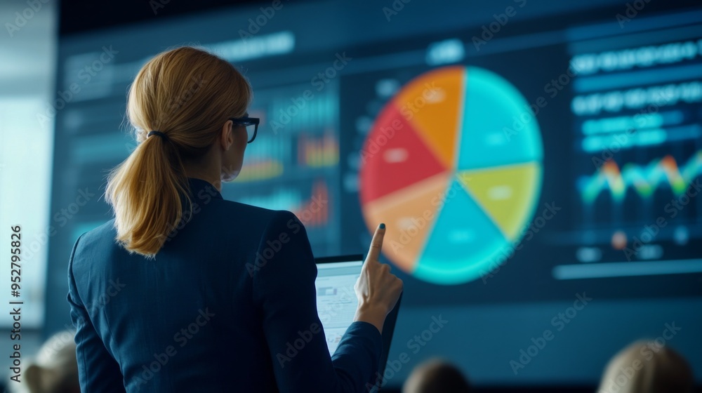 Female executive standing in front of a large screen displaying a 3D ...