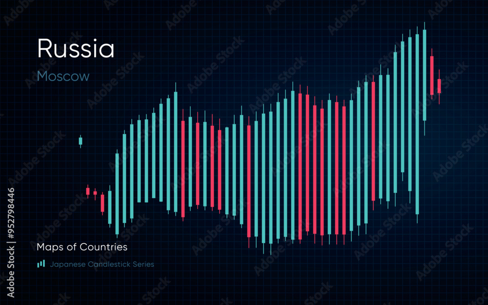 Russia map shown in a chart with bars and lines. Japanese candlestick ...