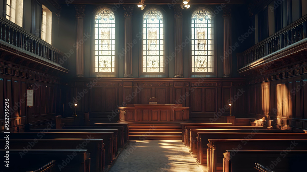 1. A lavish courtroom featuring intricately designed wooden paneling ...
