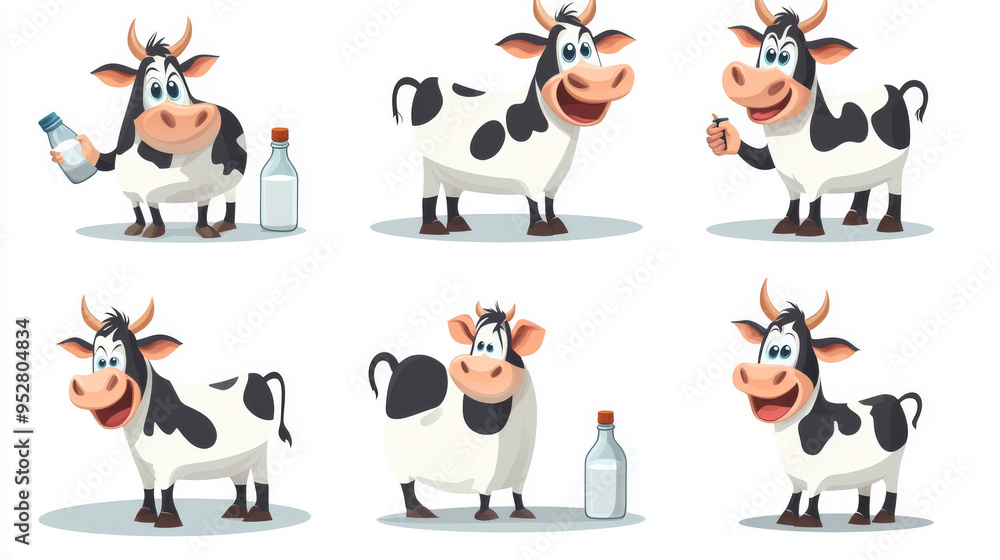 This illustration showcases a playful cow cartoon character in various ...