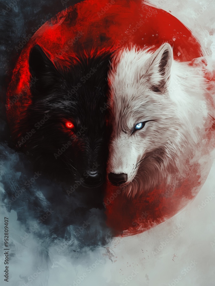 Red Blood Moon symbol with the morph of two wolves Black and White wolf ...