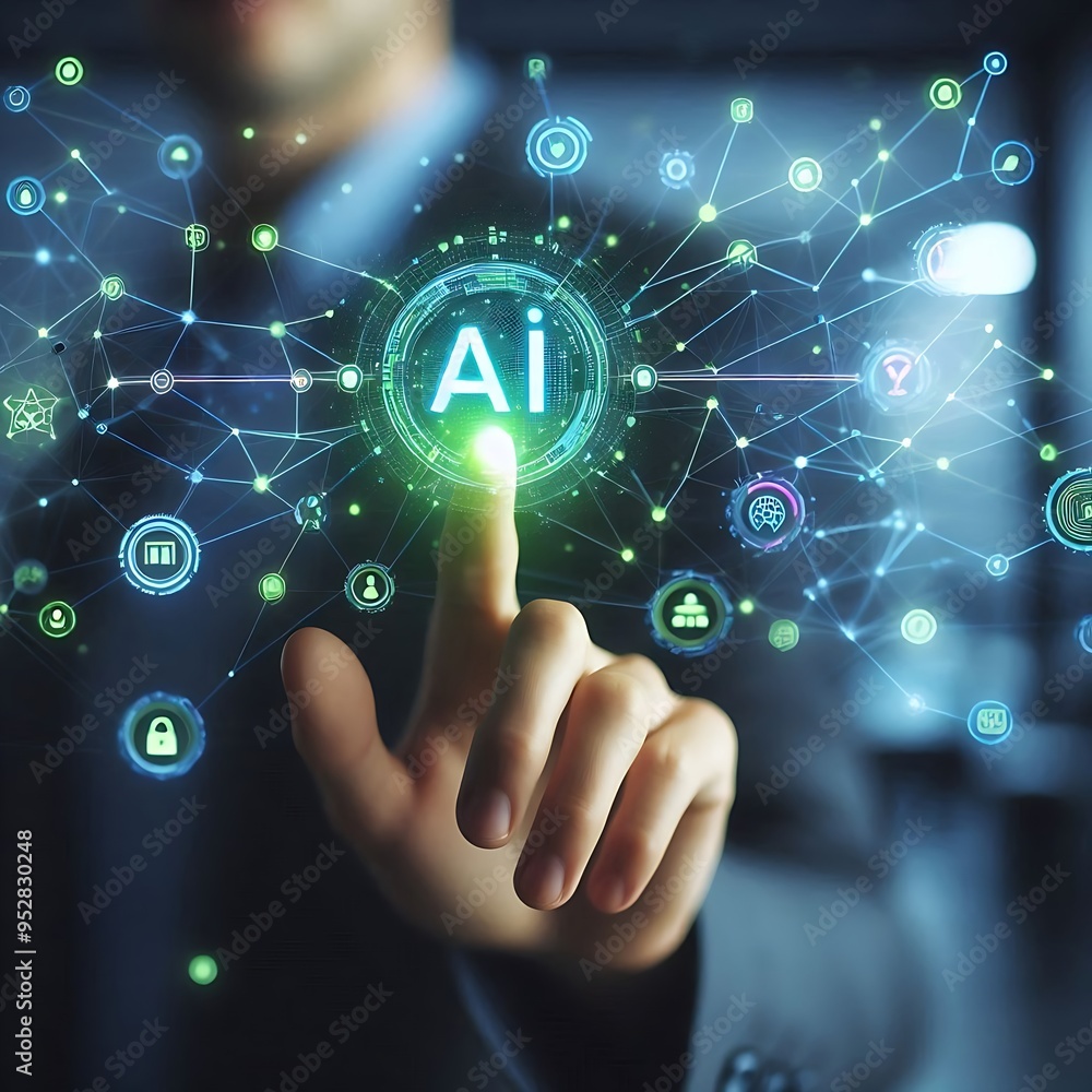 Finger touching hologram words Ai with connected dots and lines Stock ...