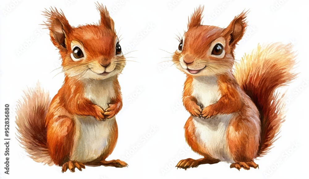 Watercolor clipart of two cute squirrels isolated on white background ...