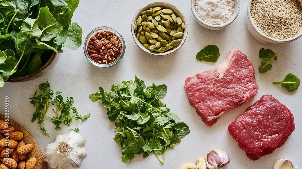 series of healthy recipe ingredients laid out on a kitchen counter ...