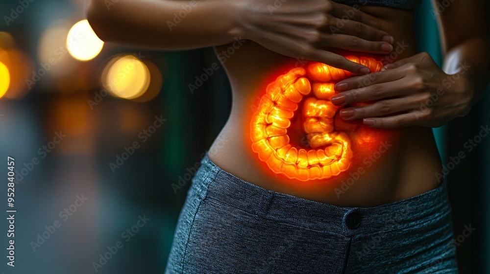 Healthcare Pain Relief: Woman touching stomach, painful suffering from ...