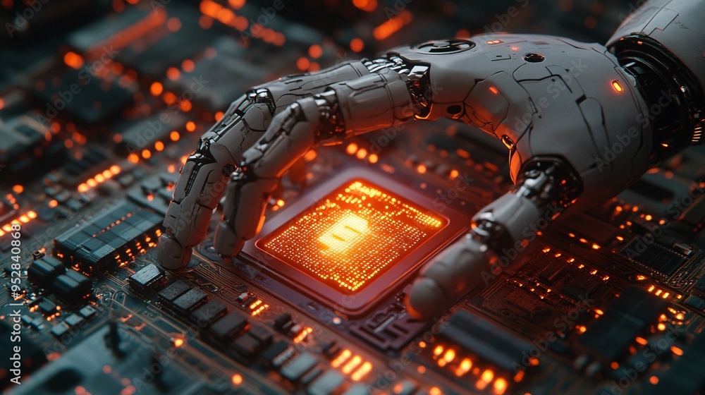 Ilustração AI Humanoid Hand: AI humanoid hand holding AI logo on ...