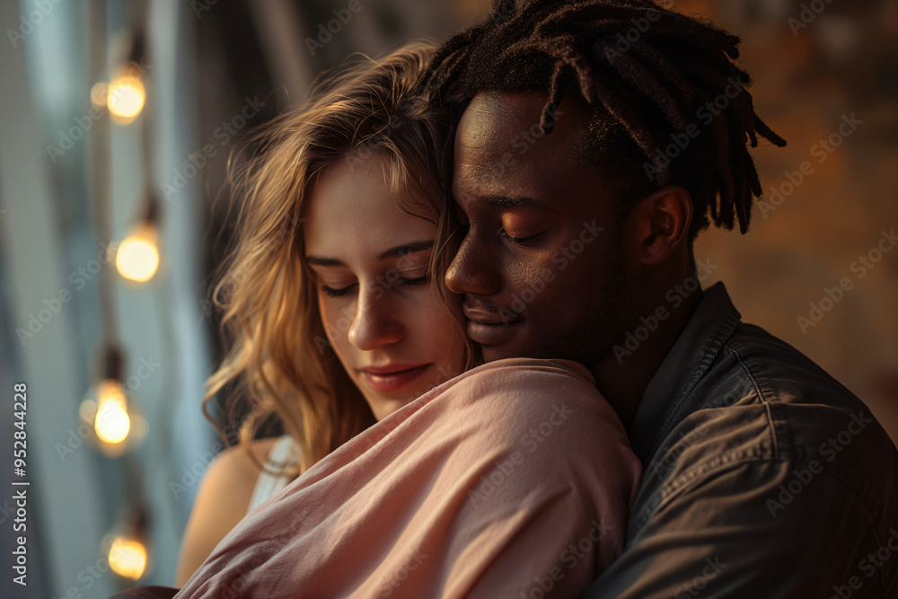 African American couple hugging. Emotional and sensual vertical photo ...