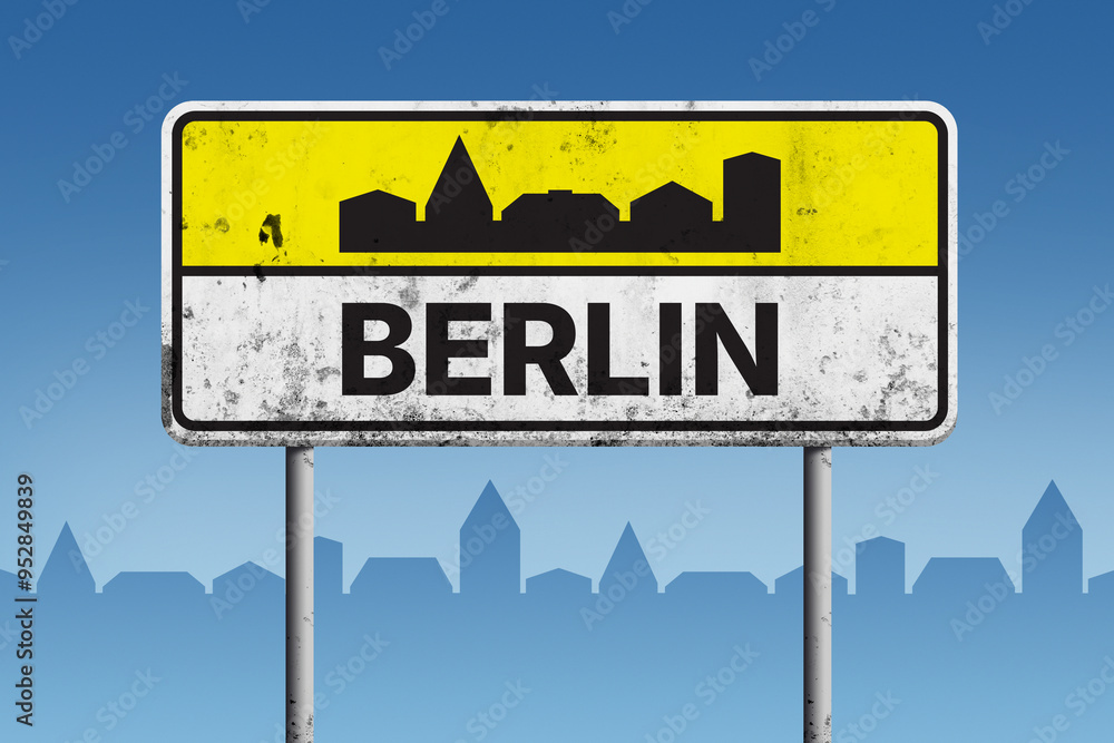 Vintage road sign of Berlin with black urban skyline silhouette ...