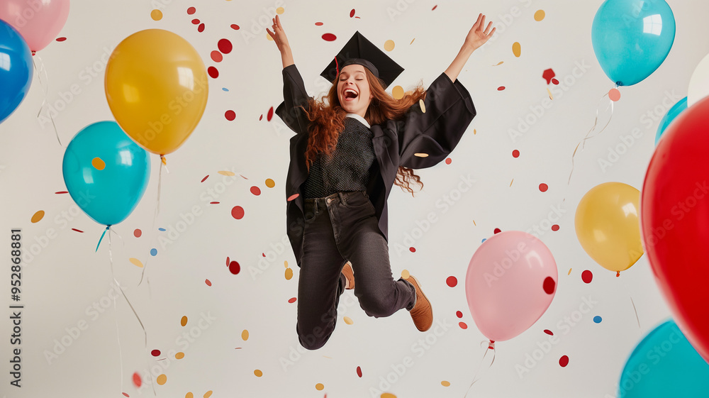 Mujer Graduándose Rodeada de Globos y Confeti Stock Photo | Adobe Stock