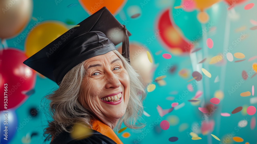 Mujer Graduándose Rodeada de Globos y Confeti Stock Photo | Adobe Stock