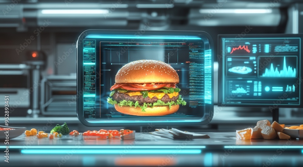 A digital burger in an open futuristic hologram, surrounded by the ...