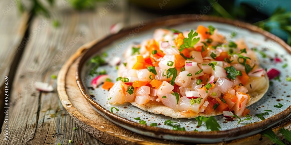 Fish ceviche toast served on a porcelain plate atop a rustic wooden ...