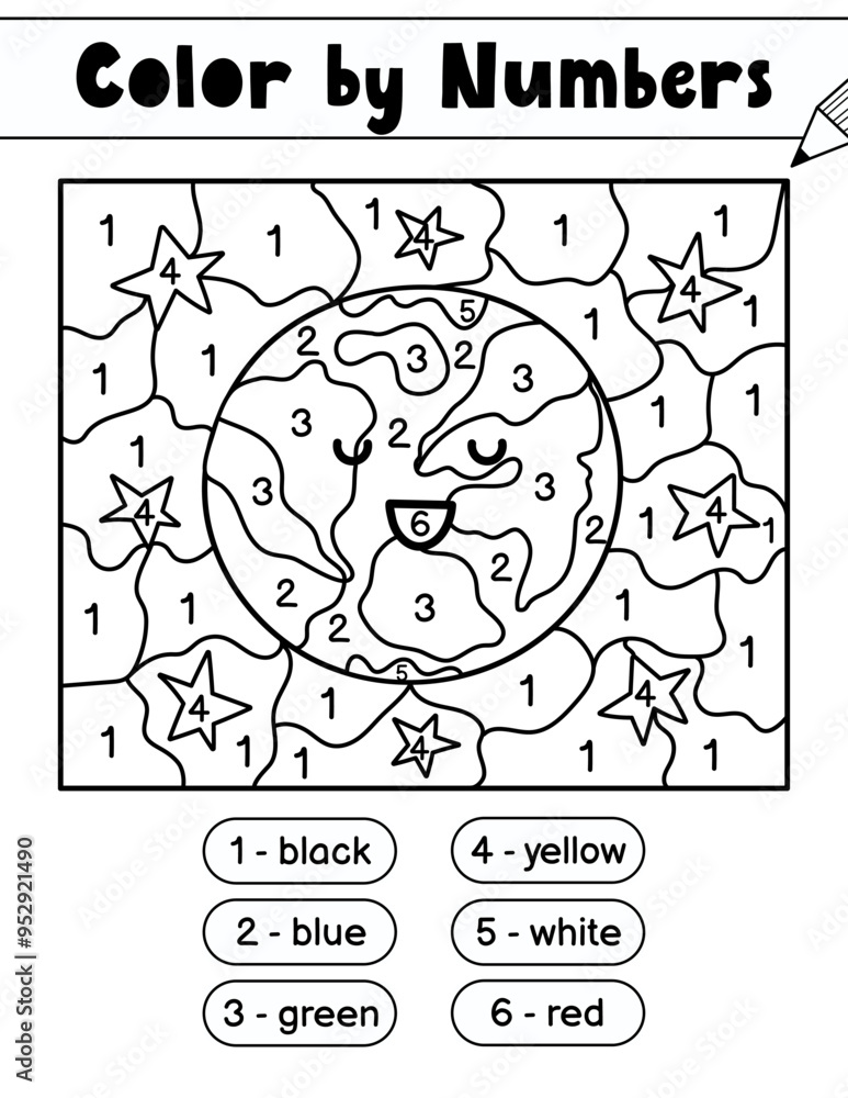 Color by numbers game for kids. Space coloring page with cute planet ...