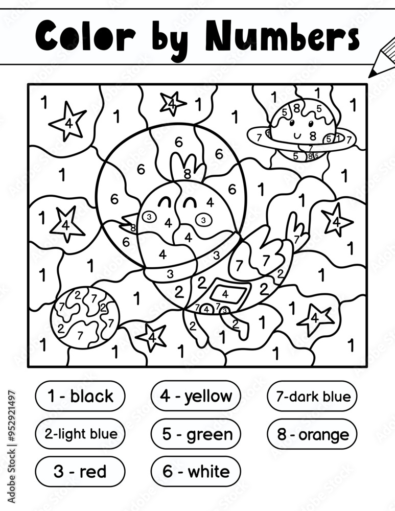 Color by numbers game for kids. Space coloring page with a bird ...