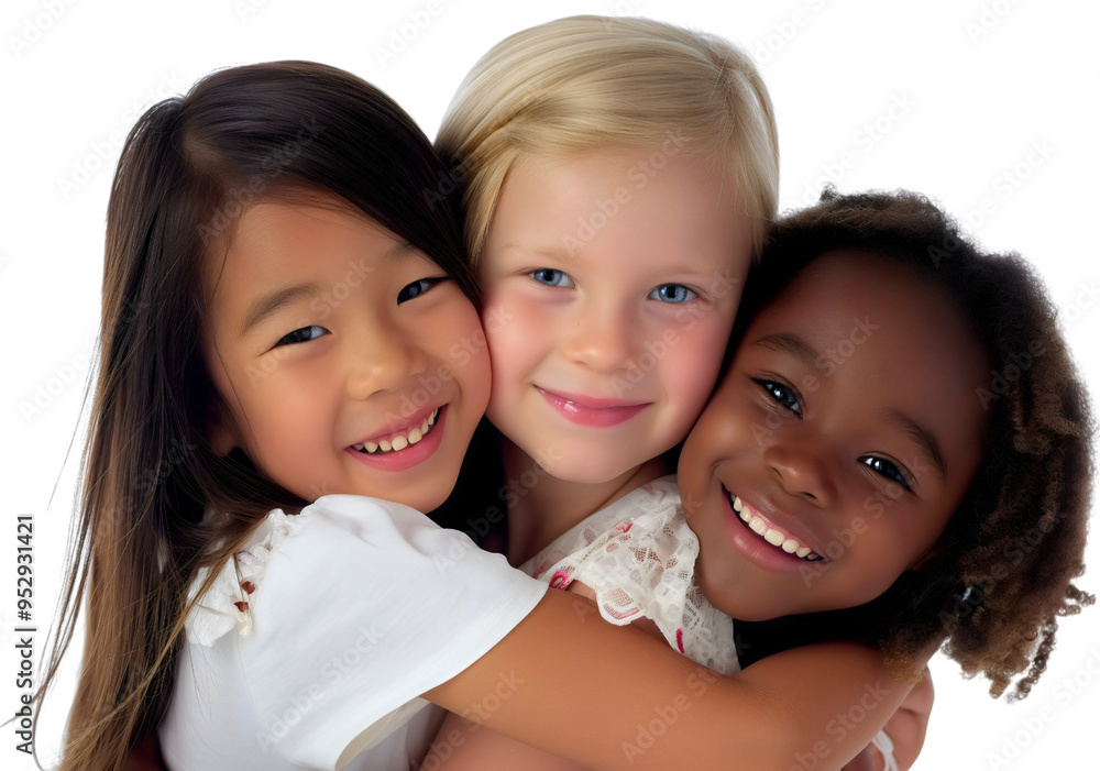 Portrait of happy smiling three diverse little girls, Asian, Caucasian ...