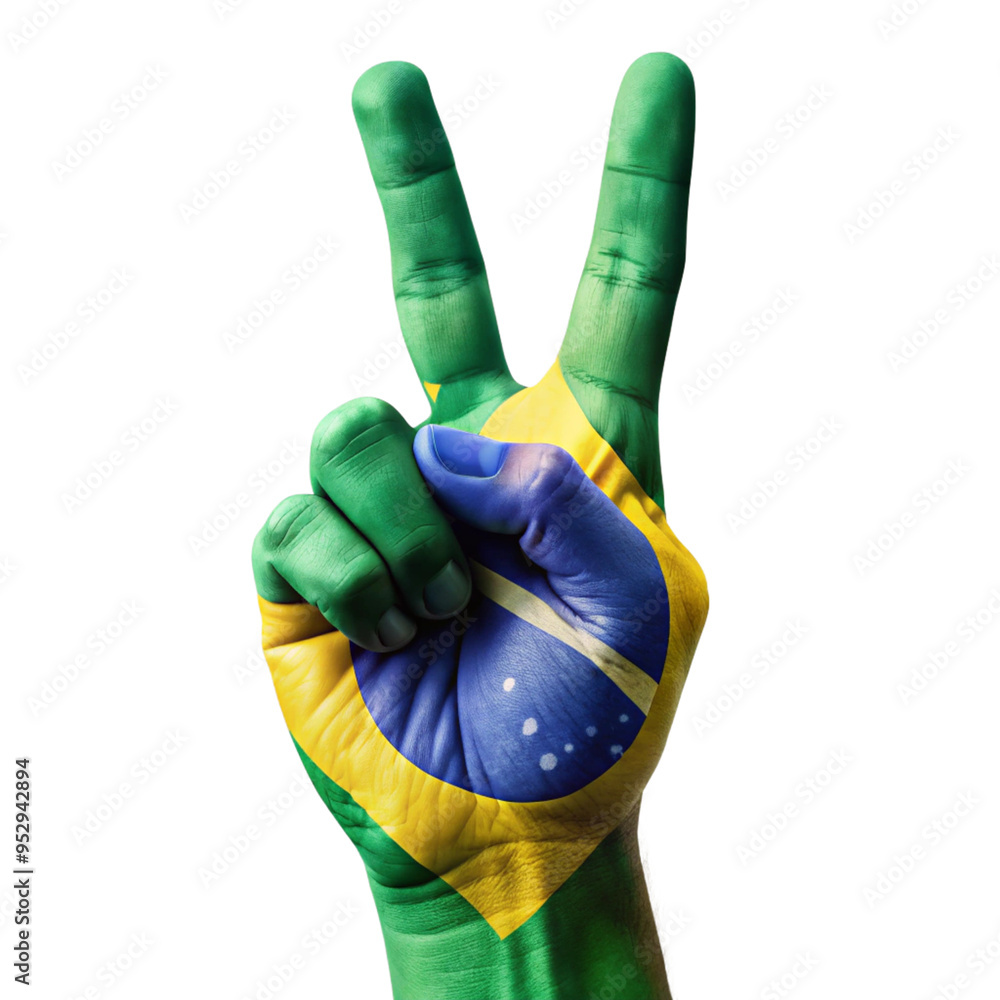 Mão levantada fazendo V de vitória com as cores da bandeira do Brasil ...