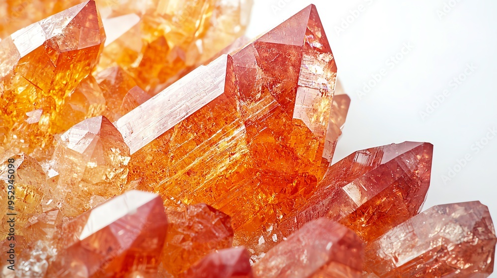 Extreme close-up of potassium dichromate crystals, orange-red color and ...