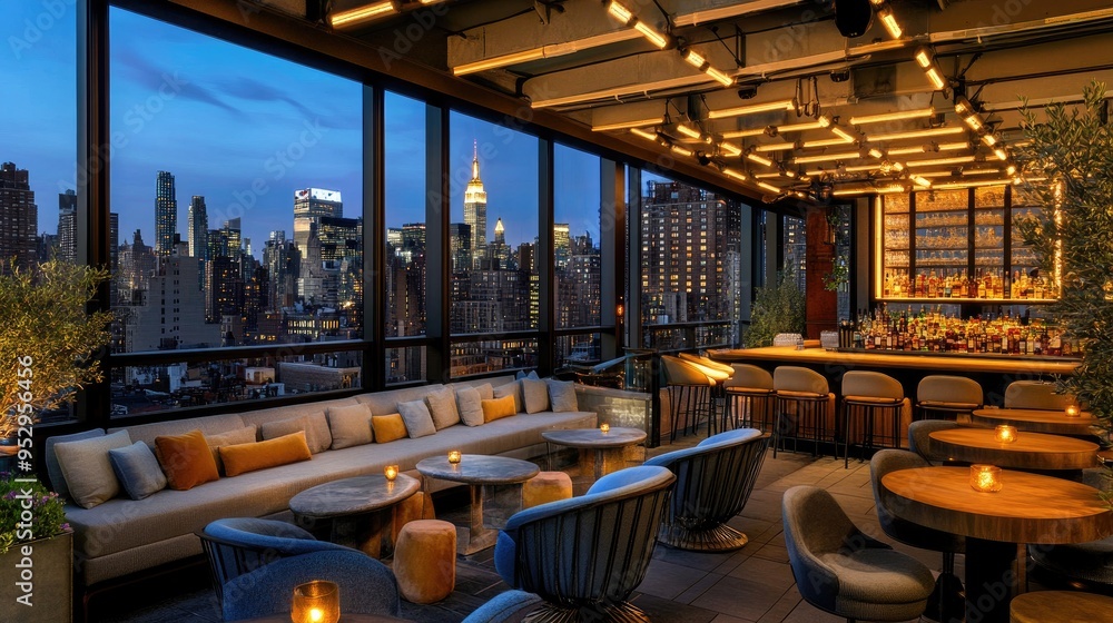 Hotel rooftop bar with modern seating, soft lighting, and a ...
