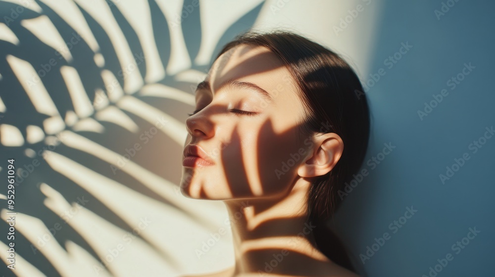 Woman s Face in Sunlight with Palm Leaf Shadow Stock Photo | Adobe Stock