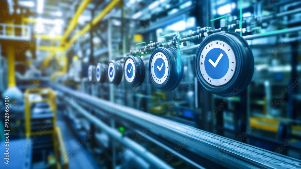 Automated industrial conveyor system with checkmark-labeled containers ...