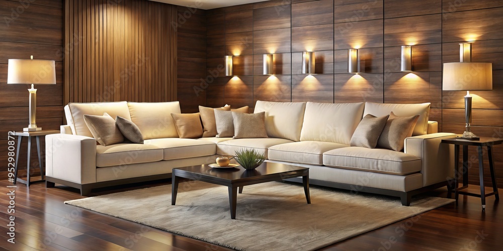 Cream-colored sectional sofa, poised on tapered legs, exudes luxury ...