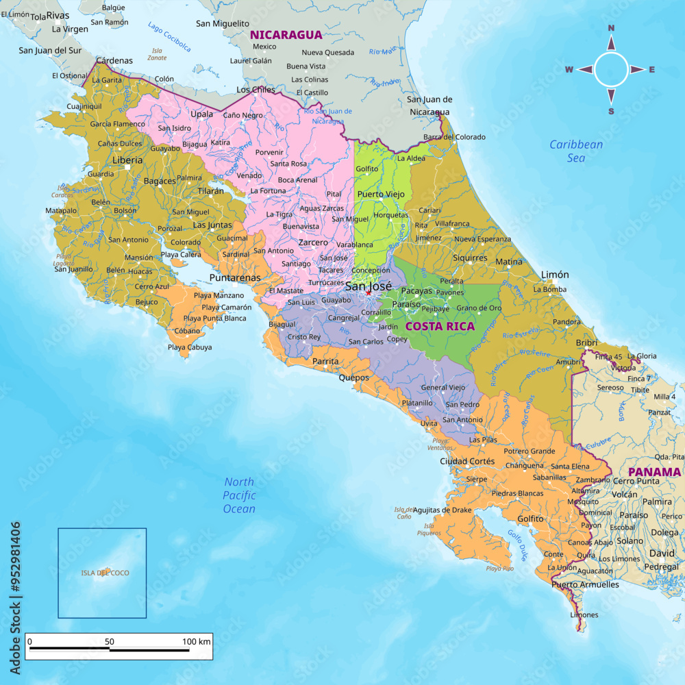 Costa Rica political map with capital , cities, towns, national borders ...