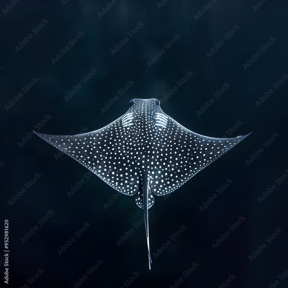 Spotted eagle ray is swimming gracefully through dark water, showcasing ...