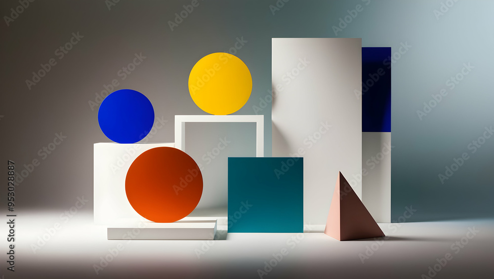 Abstract Geometric Shapes Composition: A contemporary still life featuring a vibrant collection ...