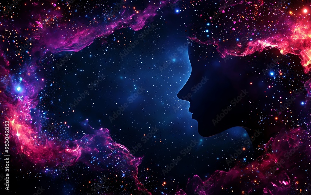 Silhouette of human face in colorful cosmic nebula, representing the ...