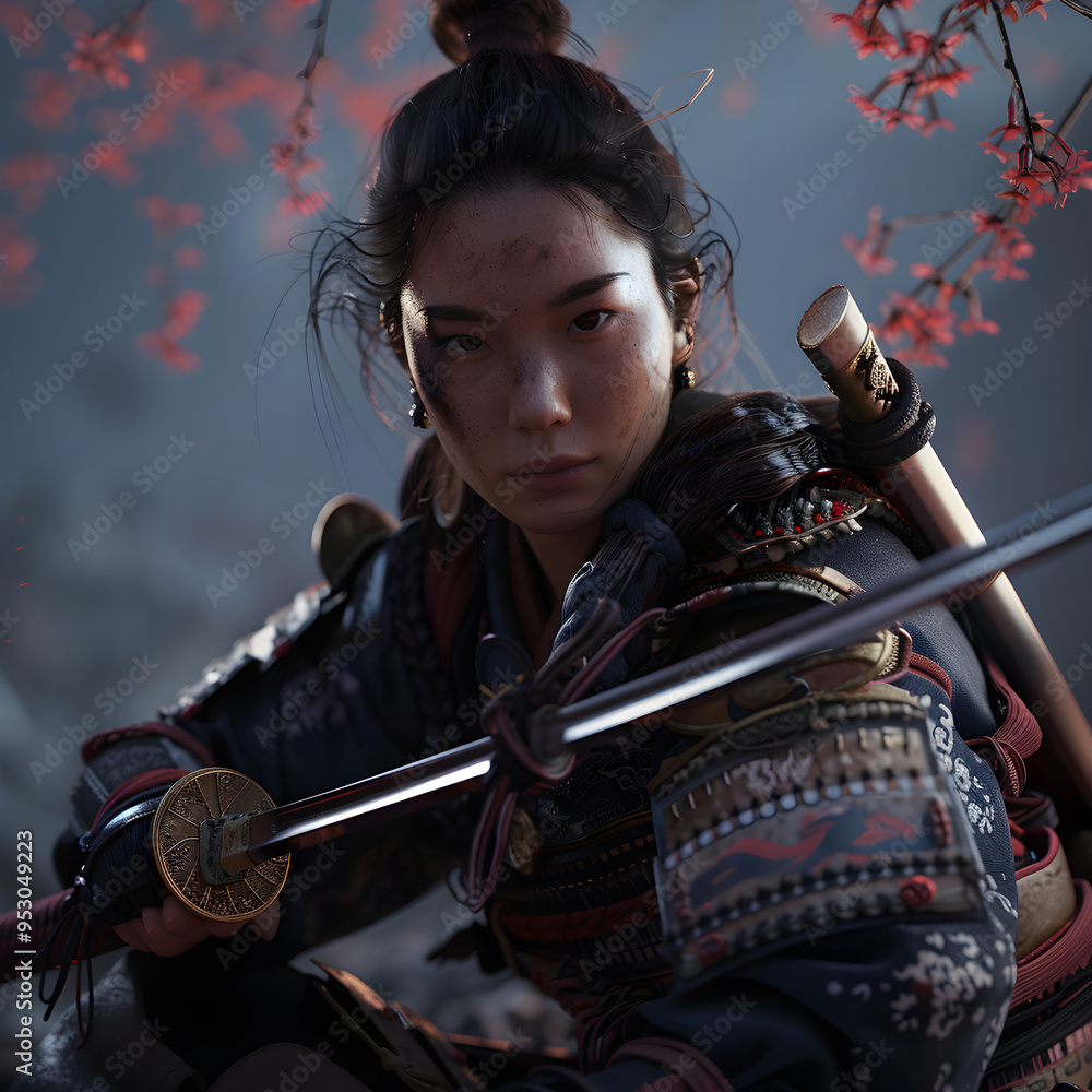 Young female samurai warrior with dirt on her face is crouching and ...