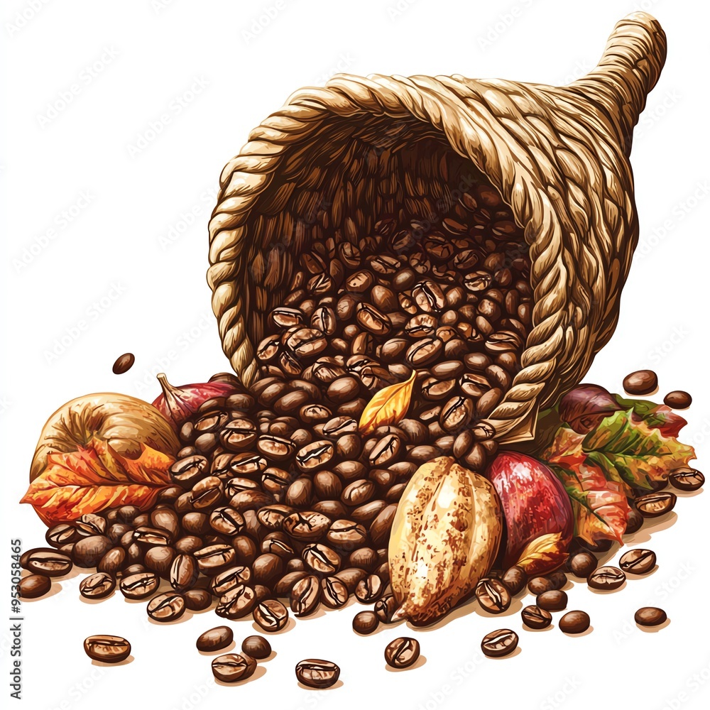 A Thanksgiving cornucopia filled with coffee beans clipart, rich browns ...