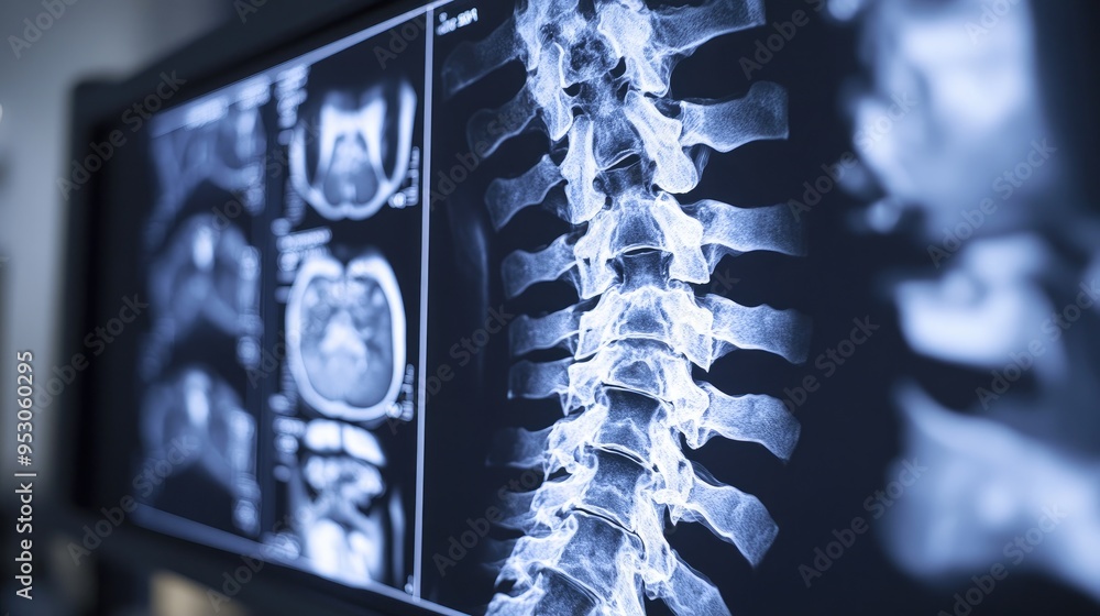 X-ray scan of a human spine and pelvis, showing vertebrae alignment on ...