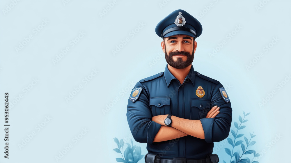 Smiling cartoon police officer in uniform with arms folded, conveying ...
